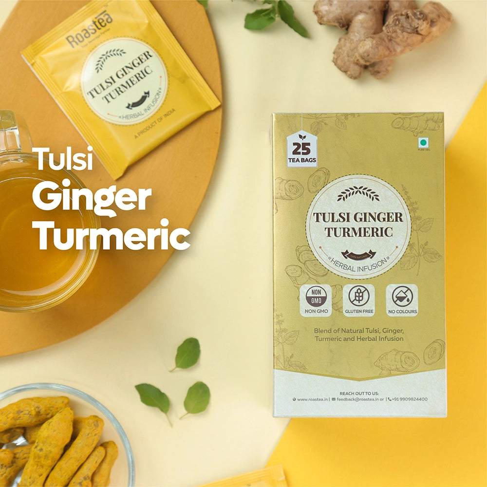 Buy Tulsi Ginger Turmeric Green Tea - 25 Tea Bags - Roastea